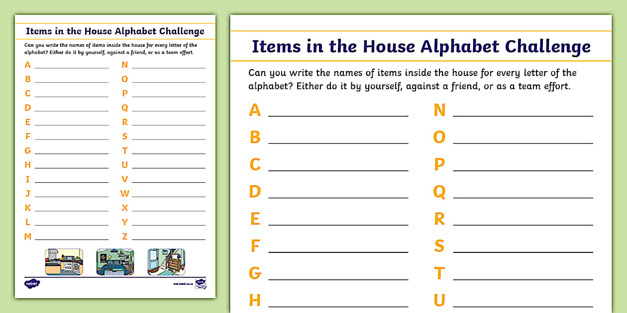 Items in the House Alphabet Challenge Worksheet - Twinkl