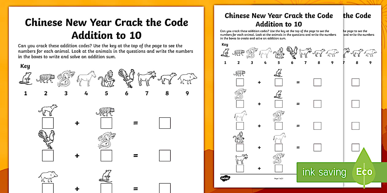 Editable Chinese New Year Crack the Code Addition to 10 Maths Worksheets