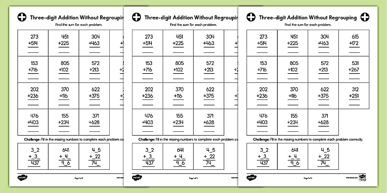 Three-digit Addition Without Regrouping Worksheet - Twinkl