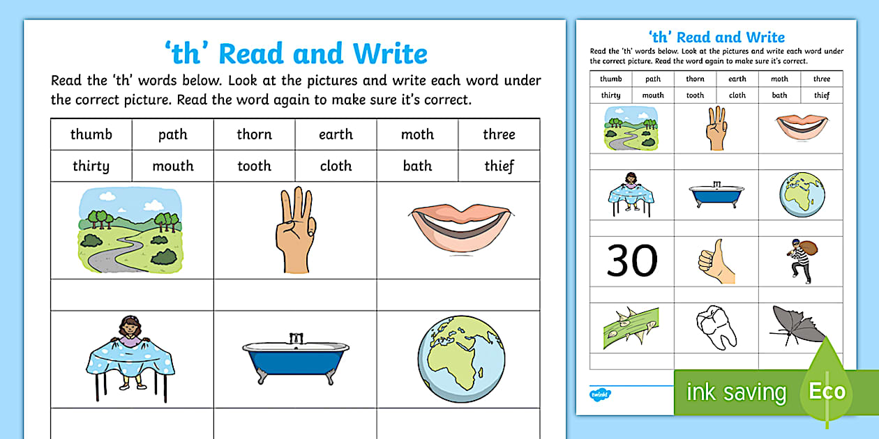 'th' Words for Kids - Read and Write Worksheet - Twinkl