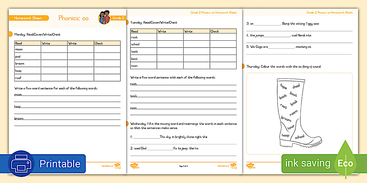 Grade 2 Phonics: oo Homework Sheet (teacher made) - Twinkl