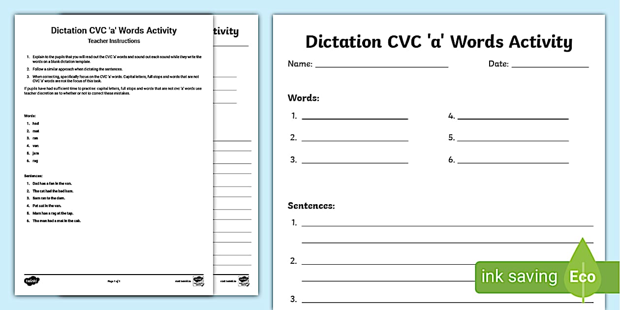 Dictation CVC 'a' words (teacher made) - Twinkl