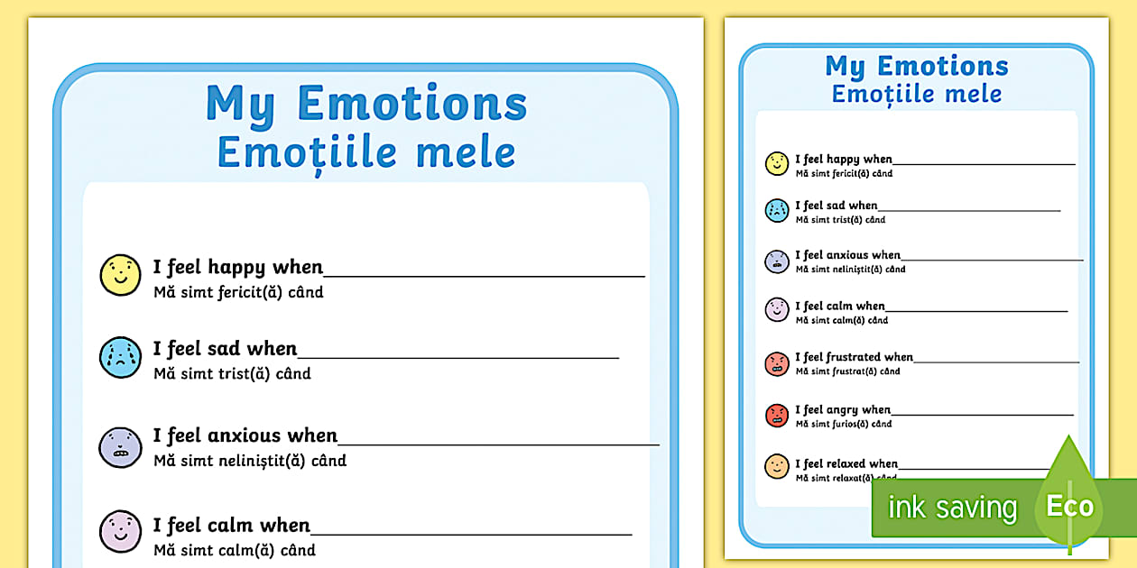 My Emotions Writing Template English/Romanian - My Emotions Writing ...