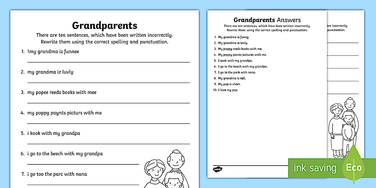 Grandparents Day Worksheet | Spelling and Editing | F-2