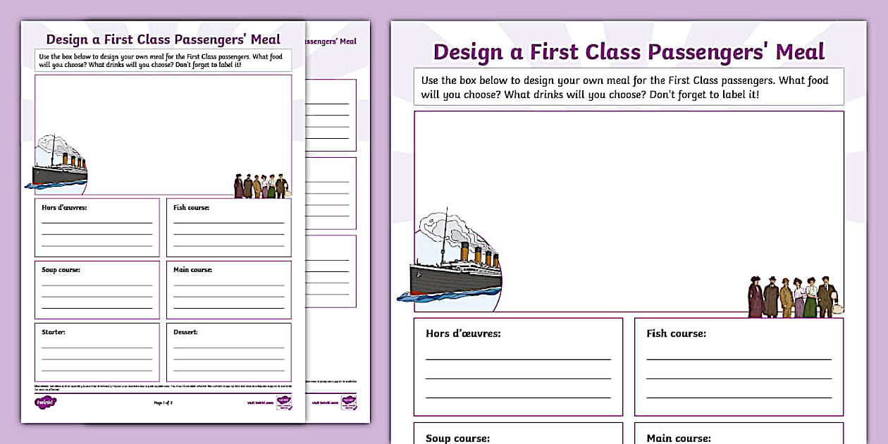 Design a First Class Passengers' Meal Worksheet - Twinkl
