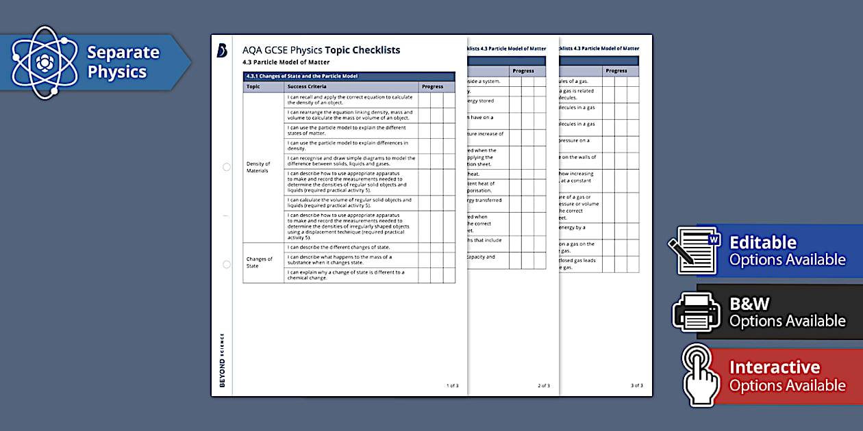 Particle Model of Matter Topic Checklist | AQA GCSE Physics