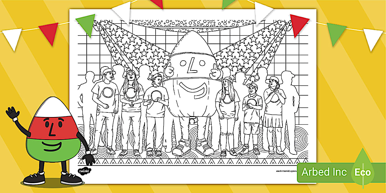 Taflen Lliwio Mistar Urdd Plant ar Lwyfan/Mr Urdd Children on Stage ...