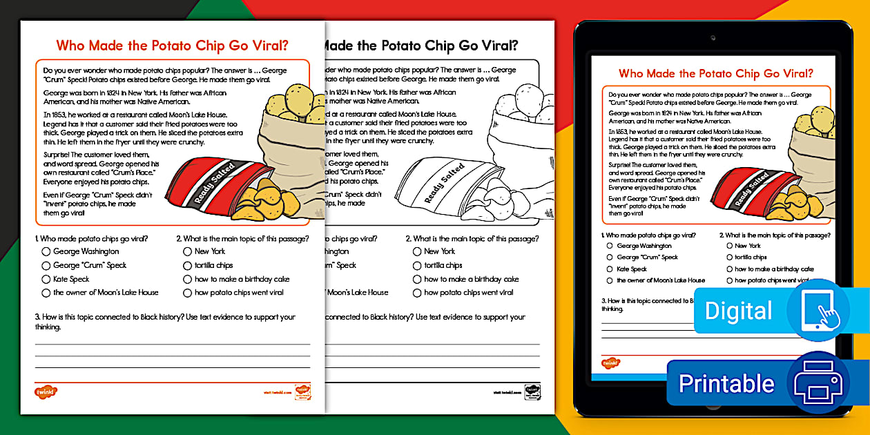 Second Grade George “Crum” Speck Reading Passage Comprehension Worksheet