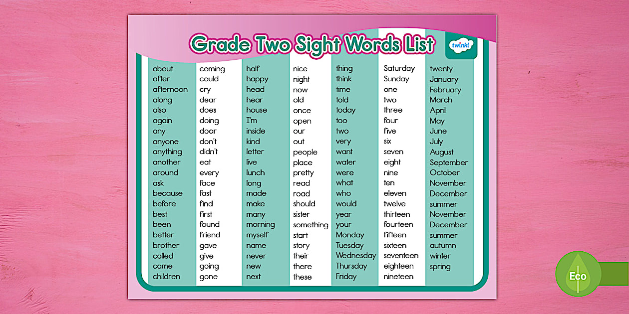 Vocabulary Canada: Grade Two Sight Words List - Twinkl