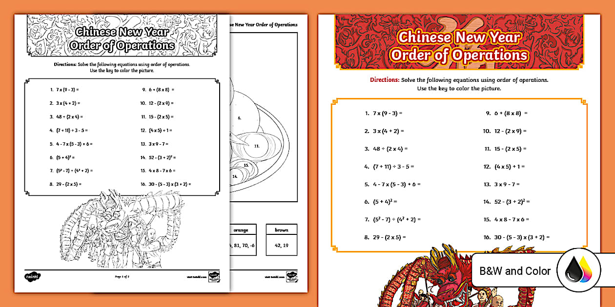 Chinese New Year Order of Operations Color by Number