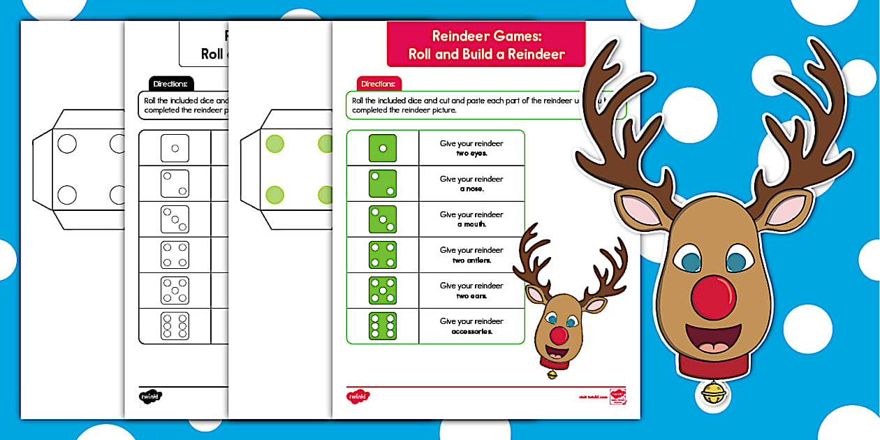 Reindeer Games Roll and Build a Reindeer Worksheet | Twinkl