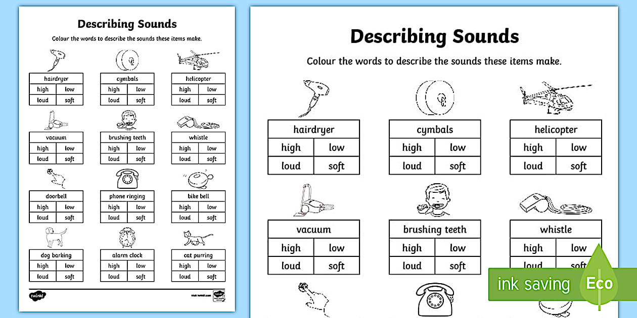 Describing Sounds Worksheet / Worksheet - Twinkl