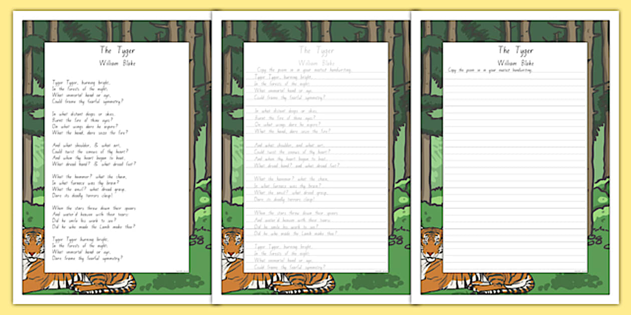 Black and White New Zealand The Tyger Poem Handwriting Practice Worksheets