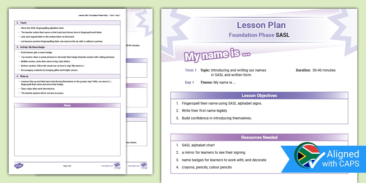 Foundation Phase - SASL - My Name - Lesson Plan (CAPS Aligned)