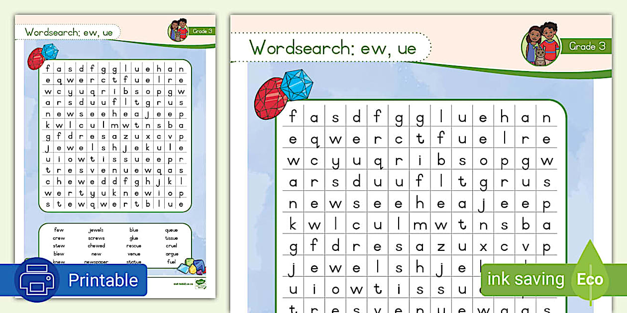 Grade 3 Phonics: ew ue: Wordsearch