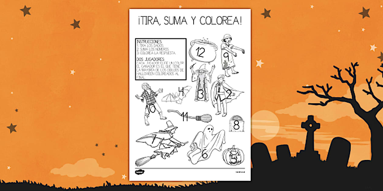 Ficha de Halloween de tirar el dado, sumar y colorear