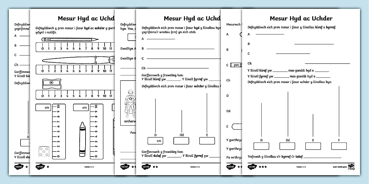 Taflenni Gweithgaredd Mesur Hyd ac Uchder (teacher made)