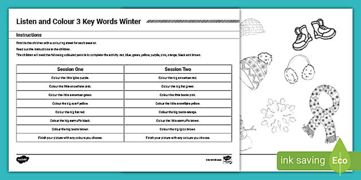 *Listen and Colour 3 Key Words Winter themed (Teacher-Made)