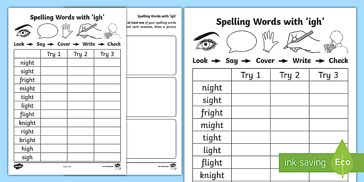 'igh' Spelling List Worksheets (teacher made) - Twinkl