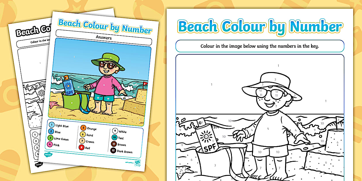 Beach Colour by Numbers Worksheets (teacher made) - Twinkl