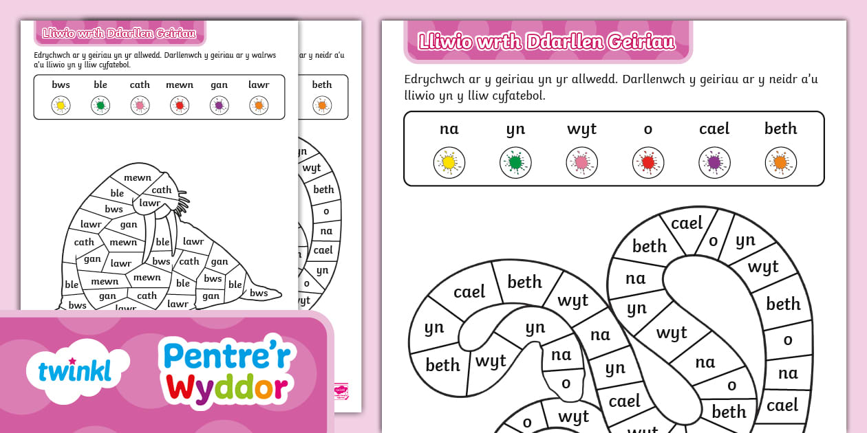 Pentre'r Wyddor: Gweithgaredd Lliwio wrth Ddarllen Geiriau Teulu 2