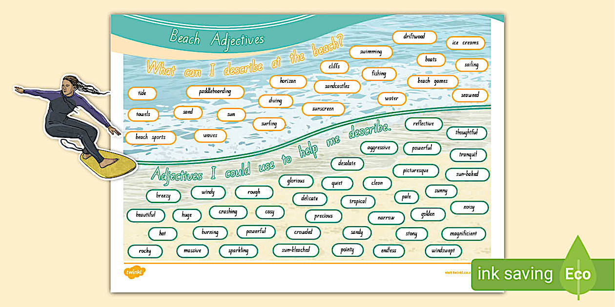 Beach Adjectives Wordmat (teacher made) - Twinkl