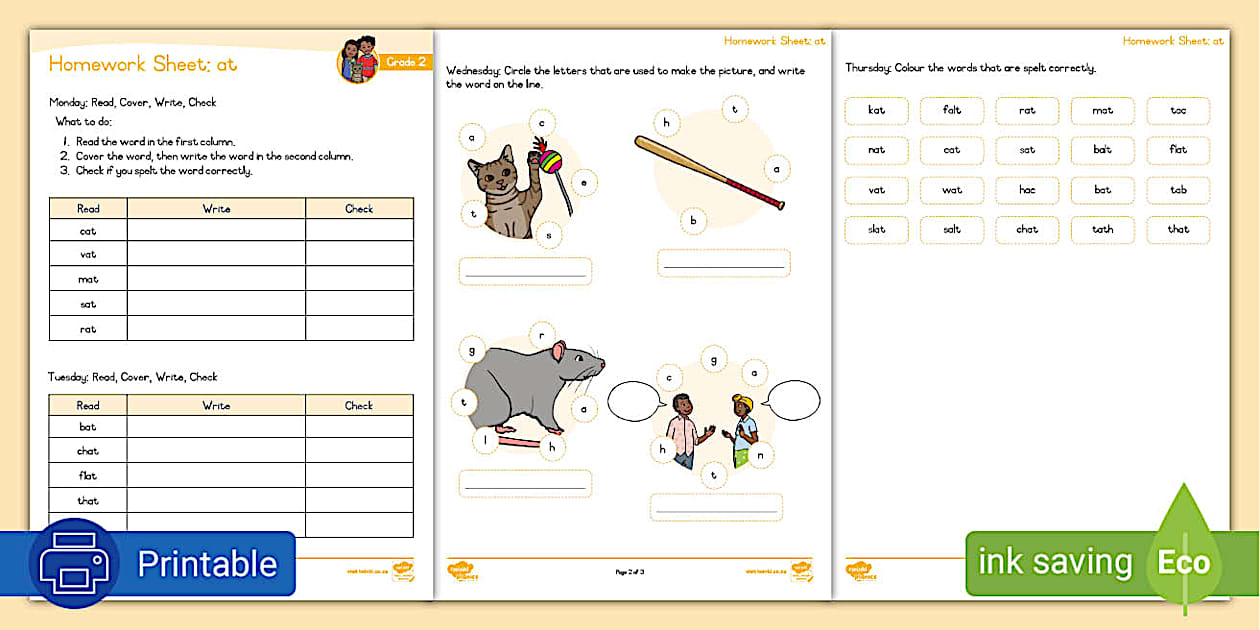 Grade 2 Phonics: at: Homework Sheet - Revision - Twinkl