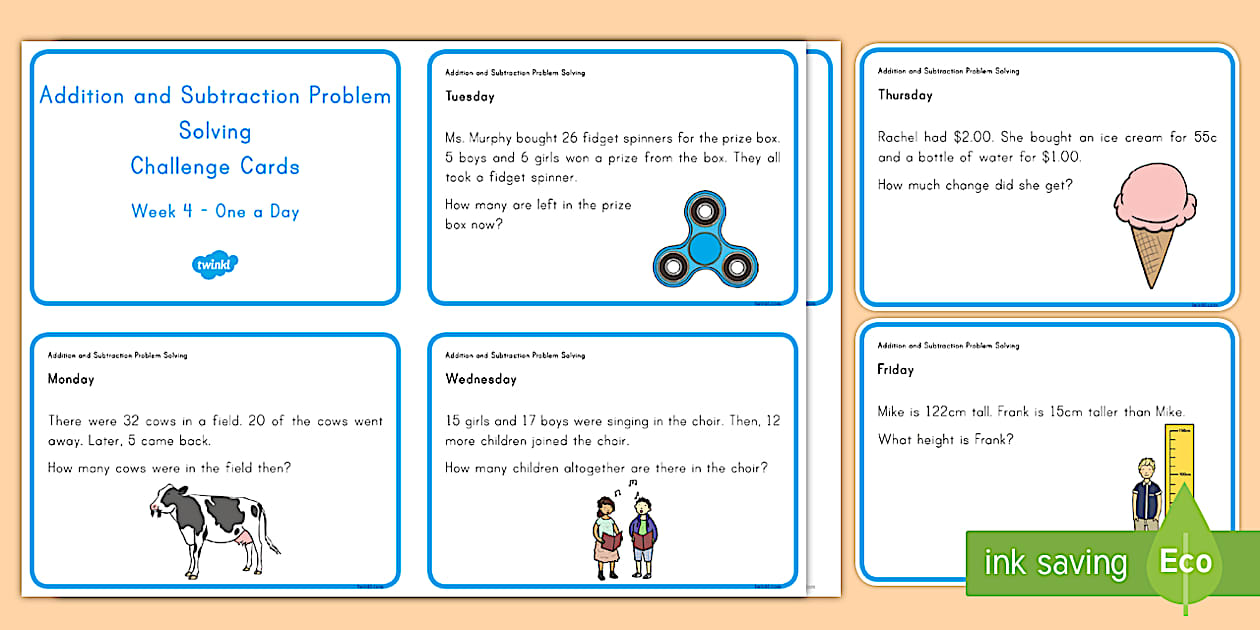 Addition and Subtraction Multi-Step Challenge Cards for 1st-2nd Grade