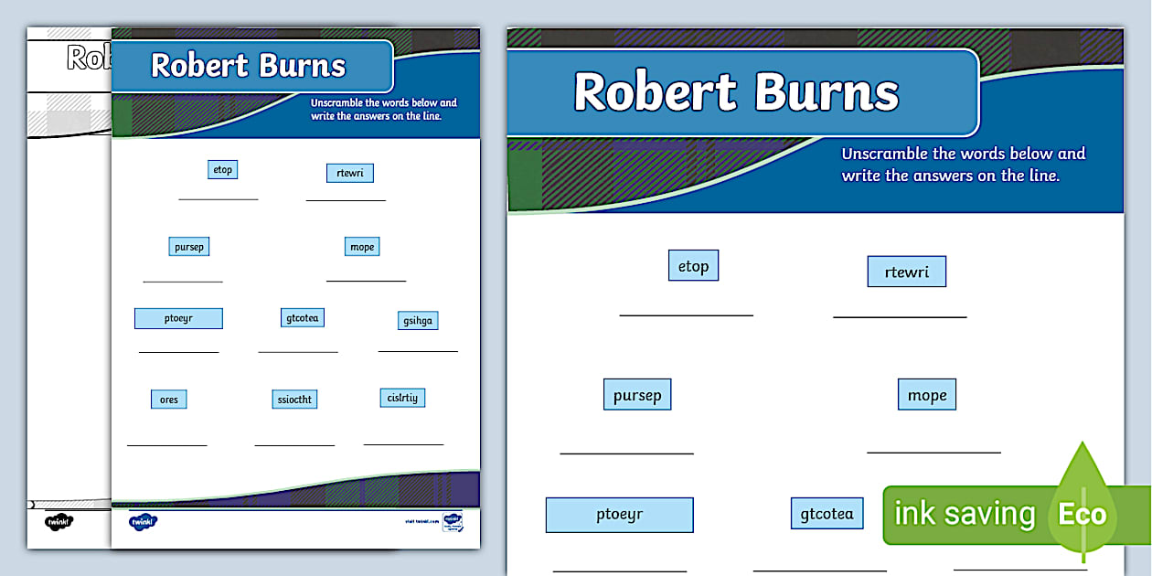 Robert Burns Word Unscramble - Robert Burns Words - Twinkl