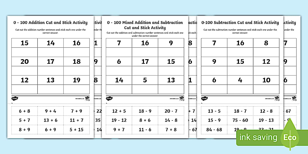 0 - 100 Addition & Subtraction Cut and Stick Activity Sheet