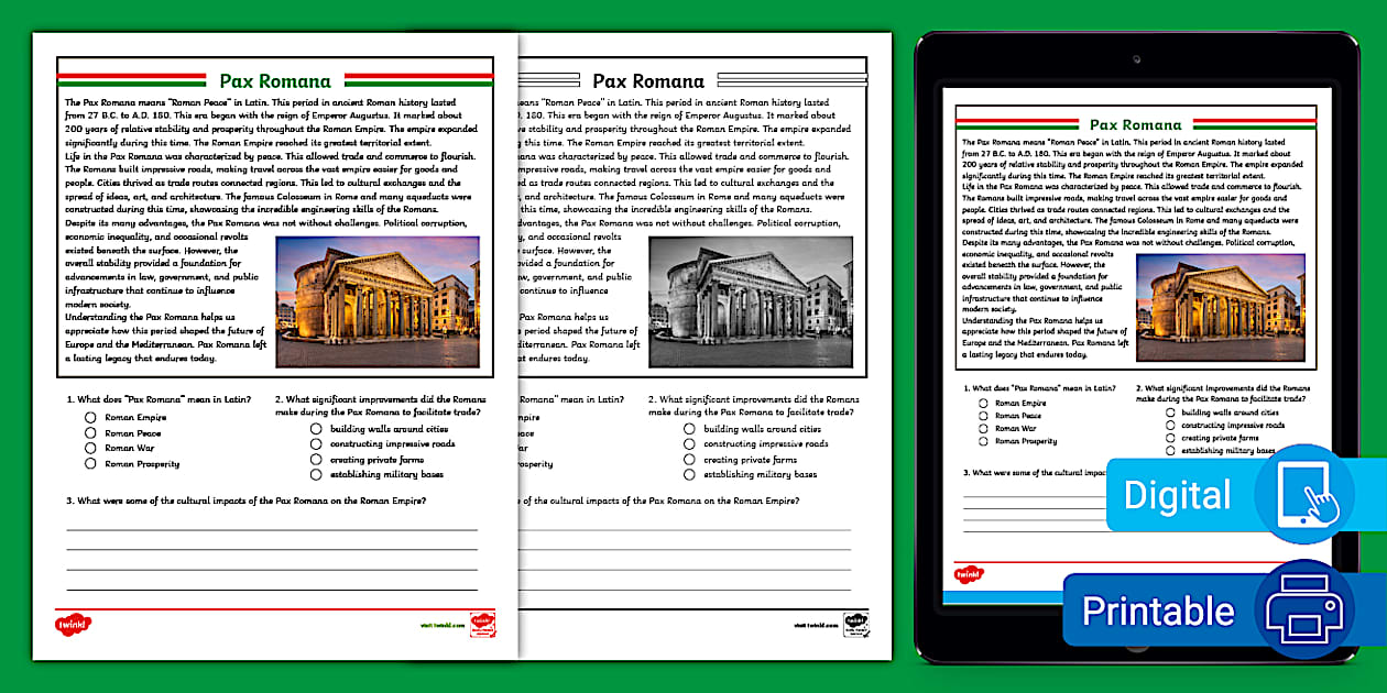 Sixth Grade Pax Romana Reading Passage Comprehension Activity