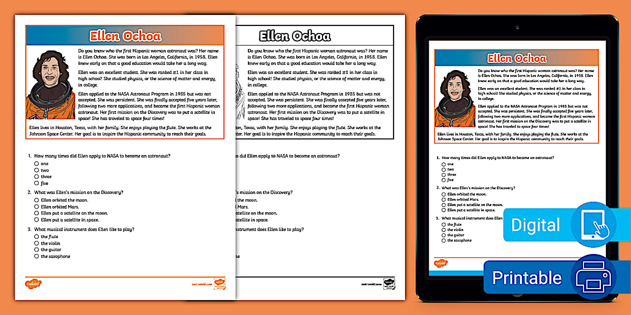 Third Grade Ellen Ochoa Reading Comprehension Activity Worksheet