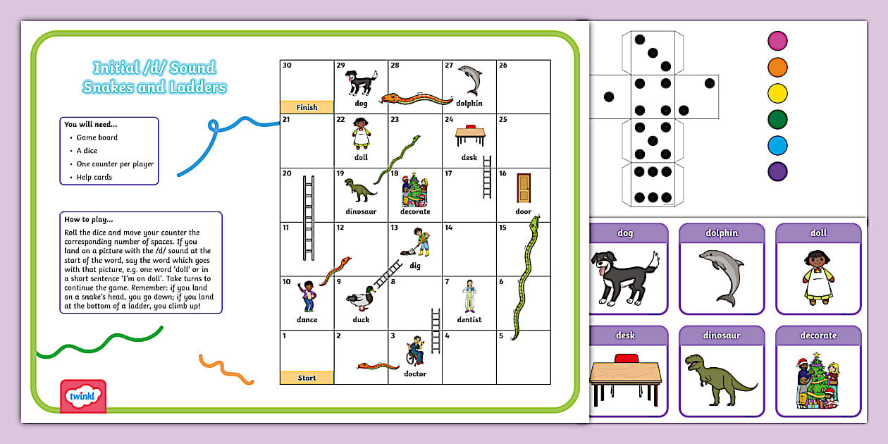 Initial /d/ Sound Snakes and Ladders (teacher made) - Twinkl