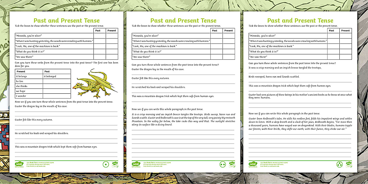 KS2 Past and Present Tense Differentiated Worksheet (KS2 Fantasy Story 'The