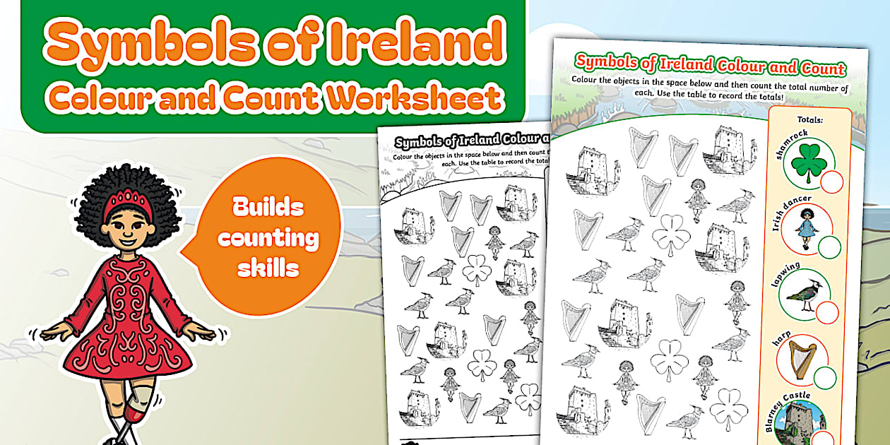 Symbols of Ireland Colour and Count Worksheet
