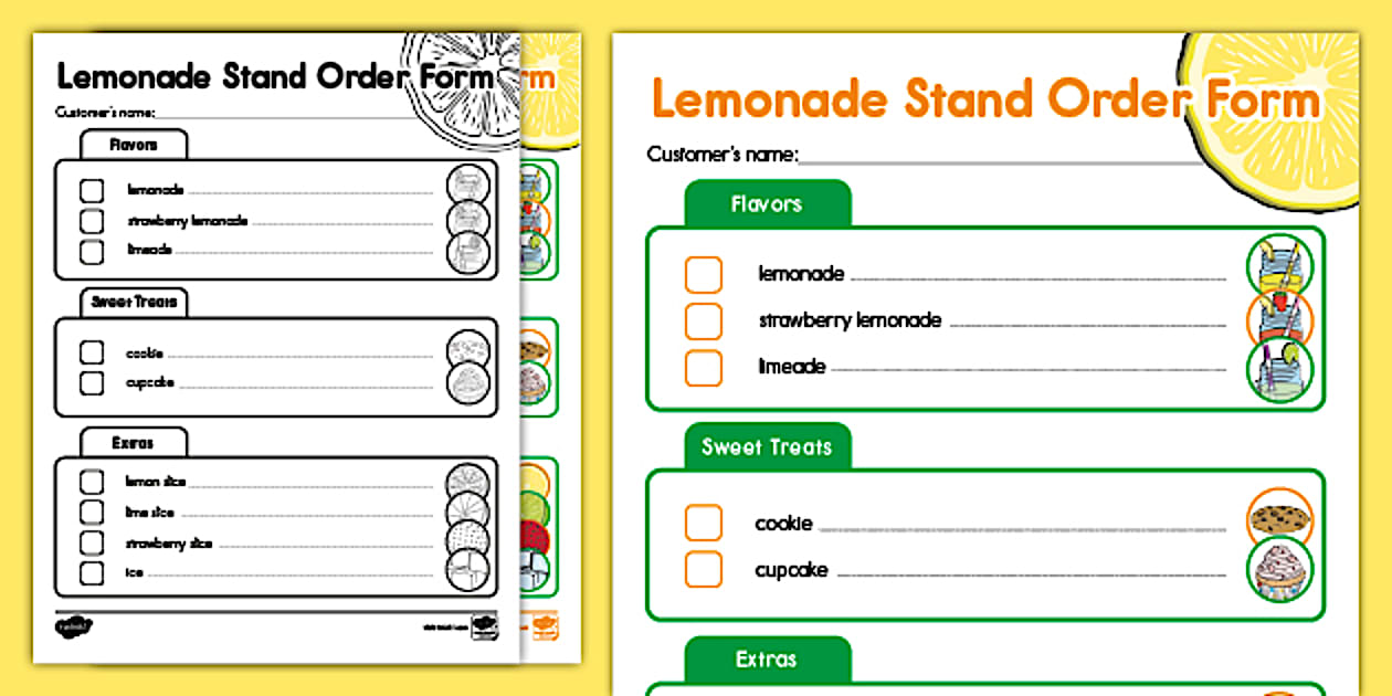 Pretend Lemonade Stand Order Form | Lemonade Stand Resources