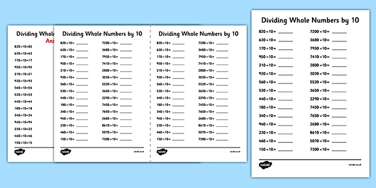 Dividing Whole Numbers by 10 A5 Worksheet / Worksheet