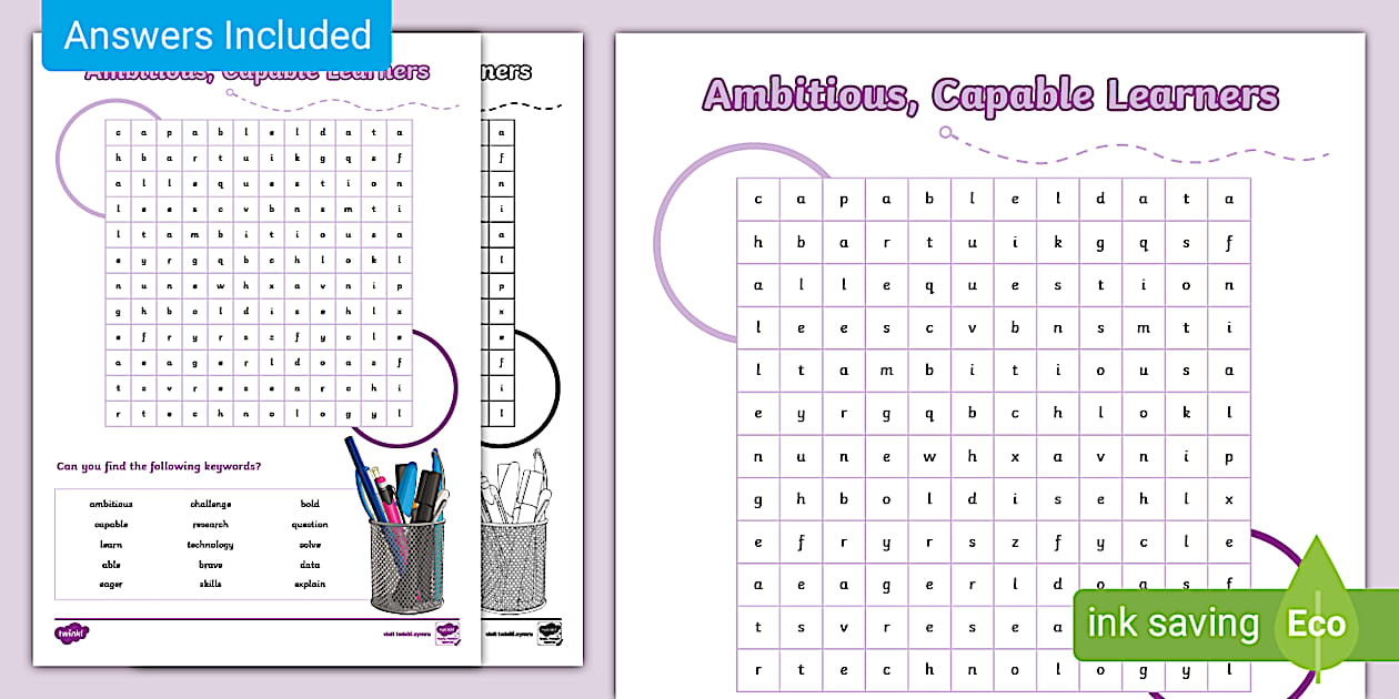 Four Purposes: Ambitious, Capable Learners Word Search