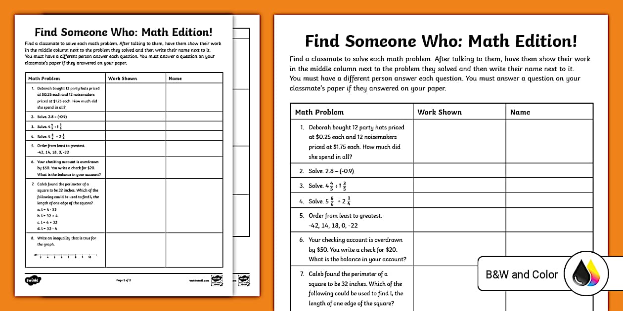 Seventh Grade Find Someone Who Math Edition Worksheet