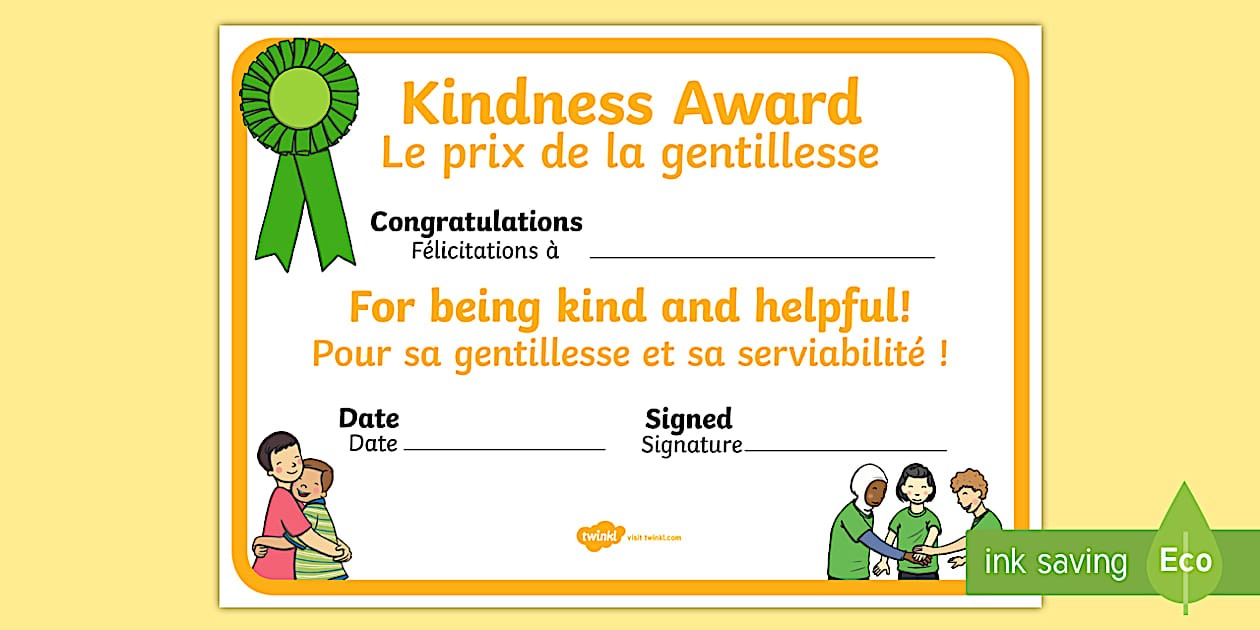Kindness Award Certificate English/French - Twinkl
