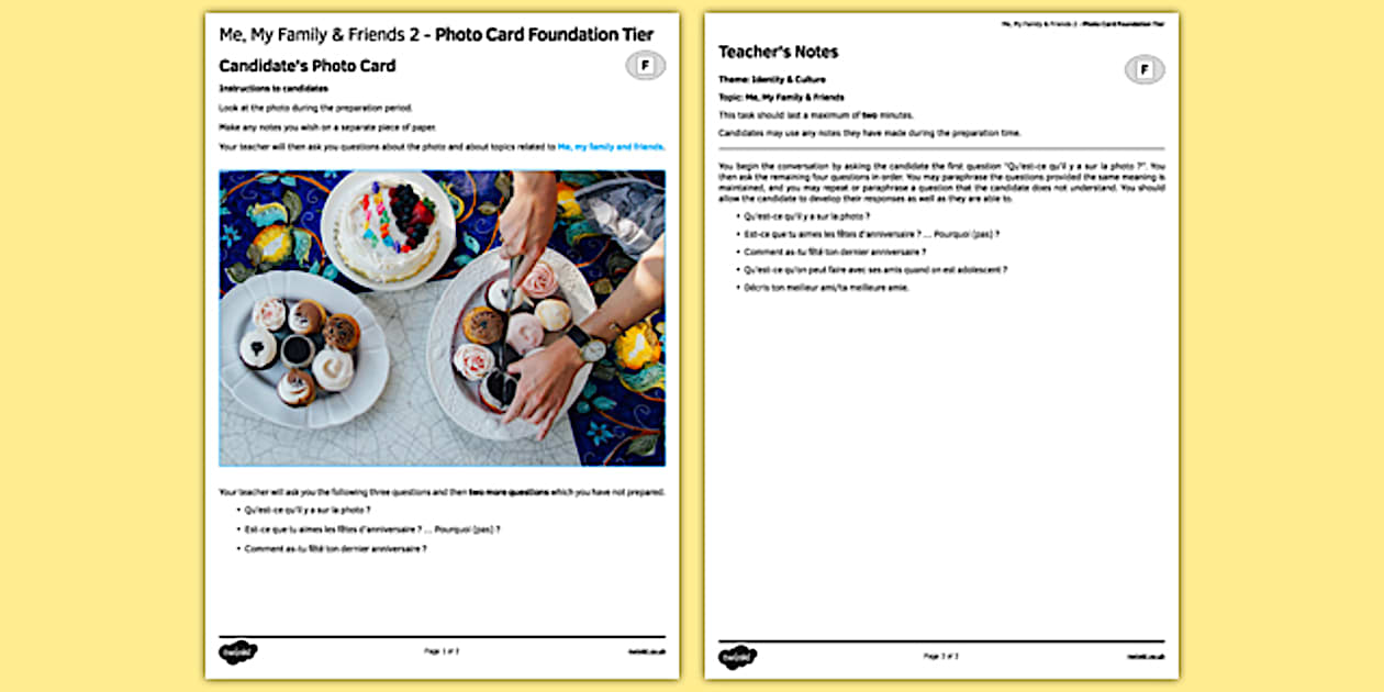 Me, My Family and Friends 2 GCSE Foundation Tier Photo-Card French