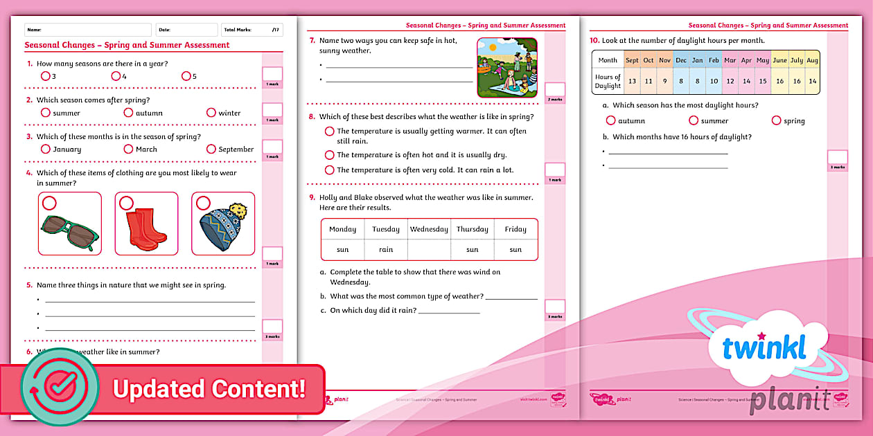 Science: Seasonal Changes – Spring and Summer Y1 Assessment Test