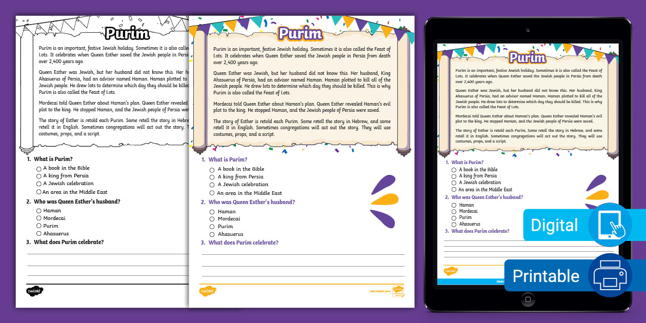 Third Grade Purim Reading Passage Comprehension Activity