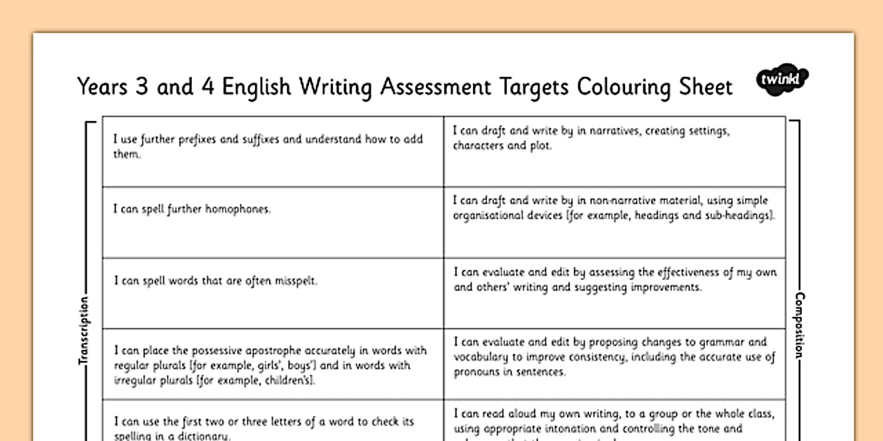2014 National Curriculum LKS2 Years 3 and 4 Writing Assessment Target Sheet