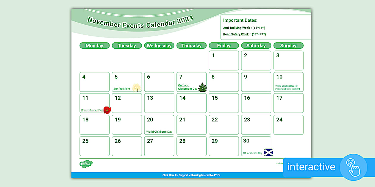 Interactive: November Events Early Level Teacher Calendar