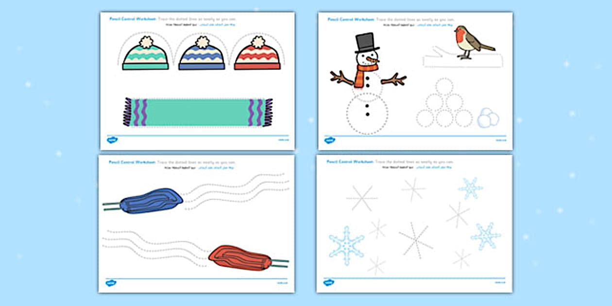 Black and White Winter Pencil Control Worksheets Arabic Translation