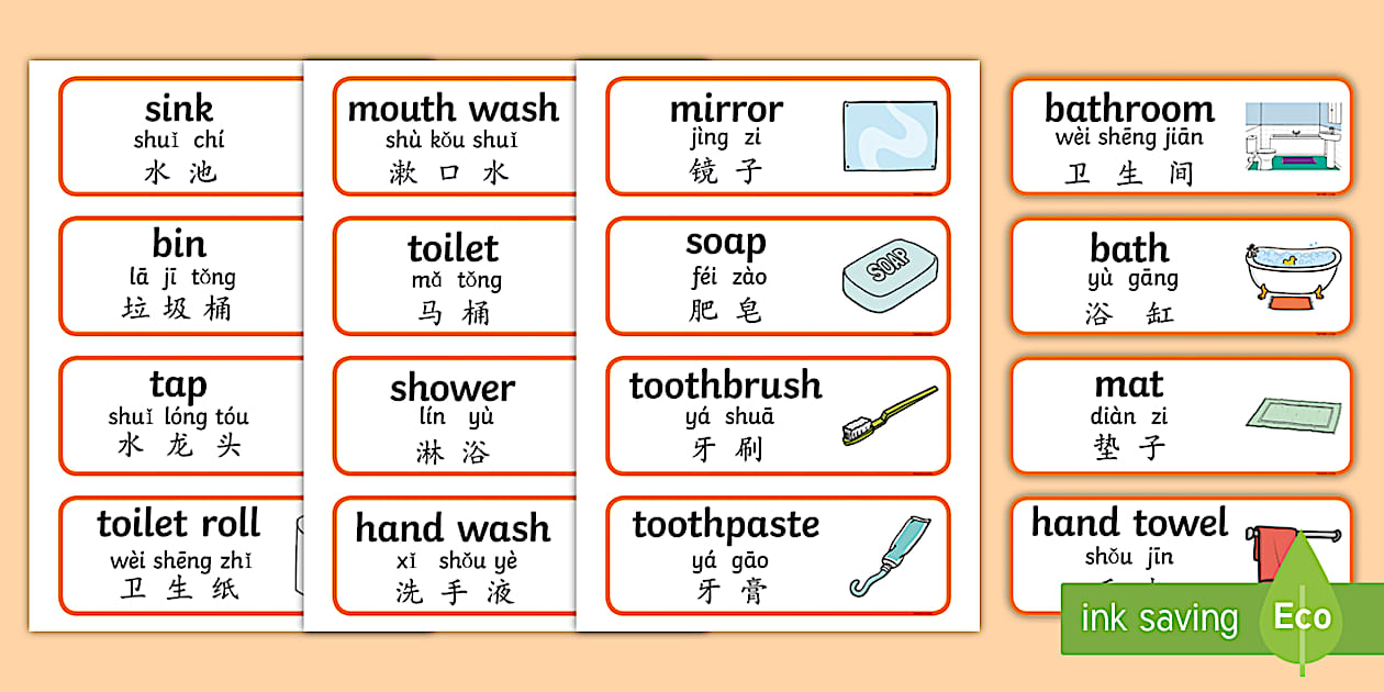 Bathroom Vocabulary Cards - English/Mandarin Chinese/Pinyin - Bathroom Word