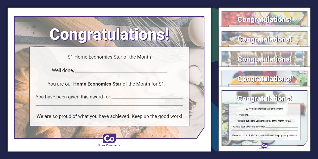 S1 to S6 Home Economics Star of the Month Praise Cards