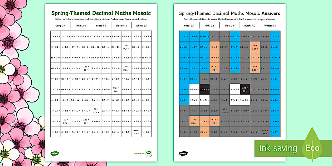 Spring Themed Decimal Maths Mosaic Worksheet - Twinkl
