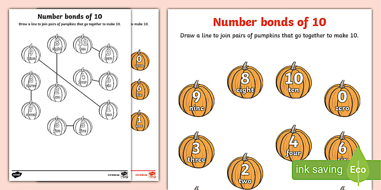 Editable Autumn-Themed Matching Number Bonds of 10 Worksheet